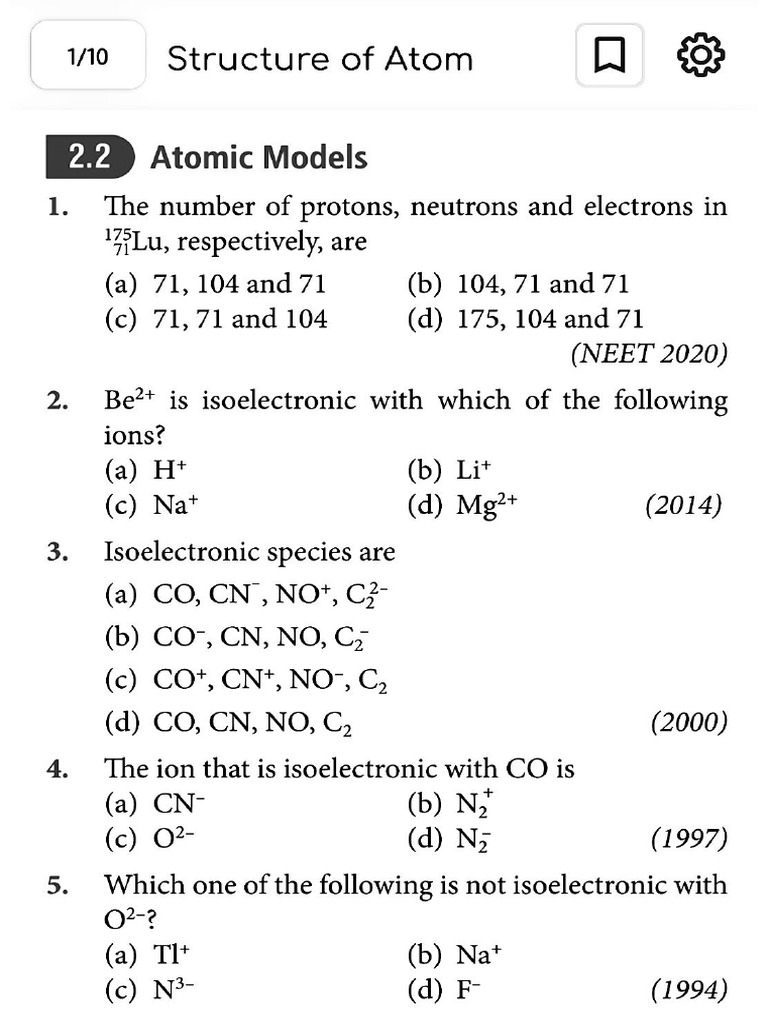 Atomic Structure NEET Question 1 To 30 | PDF