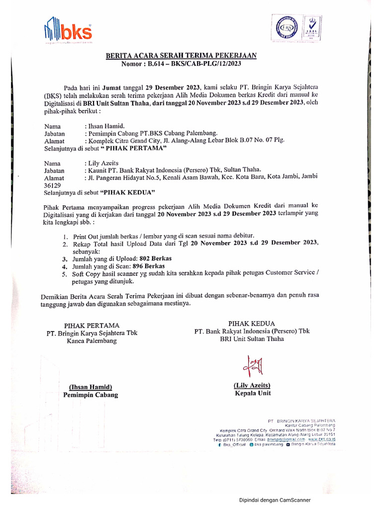 Bast Selesai Pekerjaan Unit Sultan Thaha - 1 | PDF