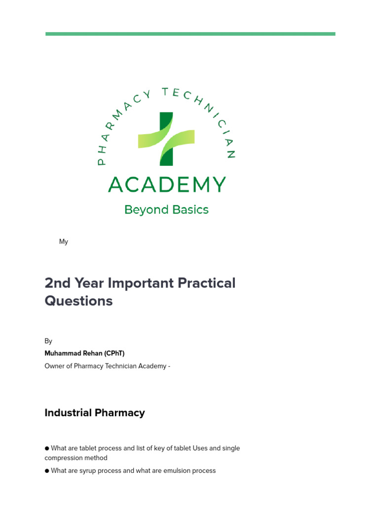 2nd Year Practical Questions by Pharmacy Technician Academy - 1 | PDF ...