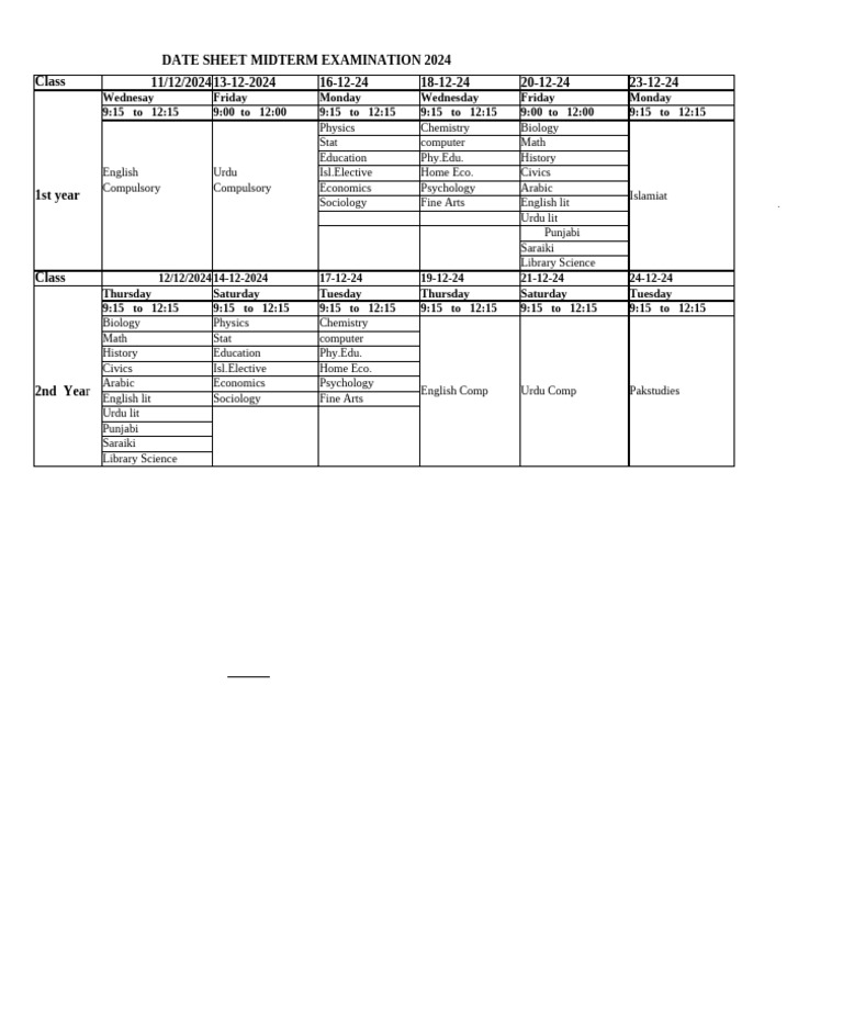 Date Sheet Mid Term 2024 | PDF