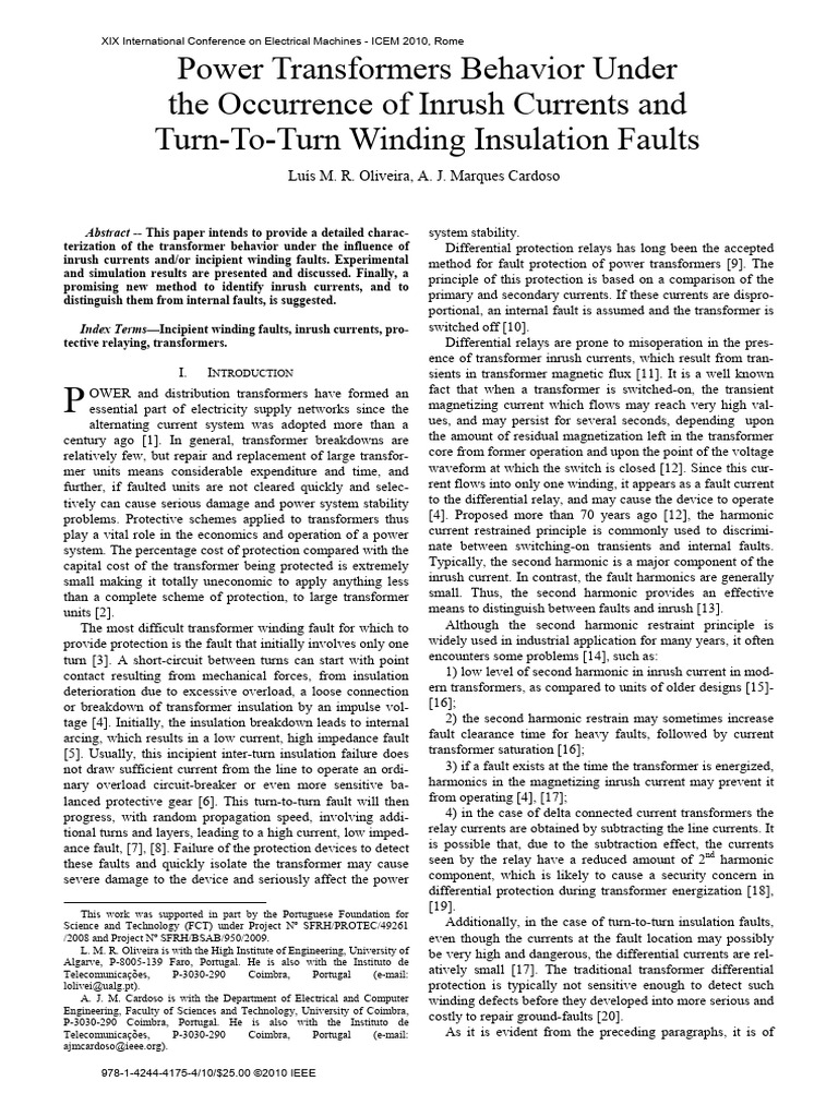 Power Transformers Behavior Under inrush currents and turn-to-turn ...