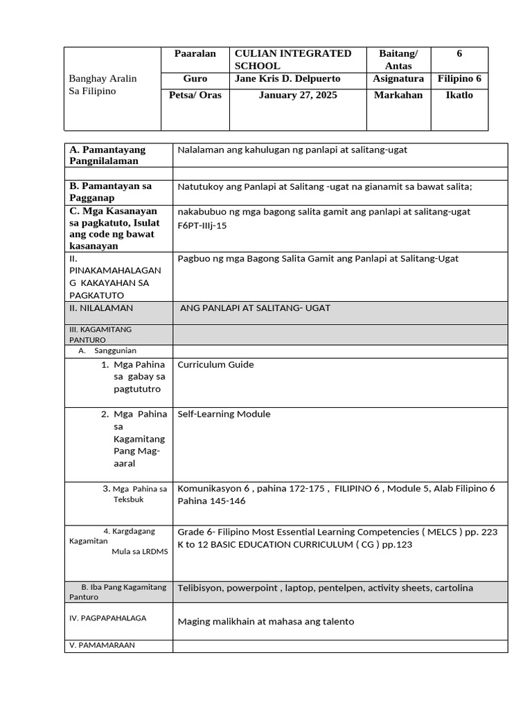 Lesson Exemplar in Filipino 6 Panlapi | PDF