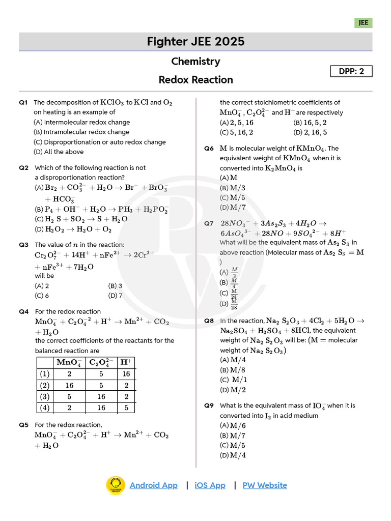 6773bfa13a77320868ae11f1 - ## - Redox Reaction - DPP 02 (Of Lec 03) - Fighter JEE 2025 | PDF ...