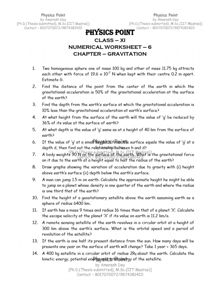 XI - Numerical Worksheet 6 - Gravitation | PDF | Earth | Orbit