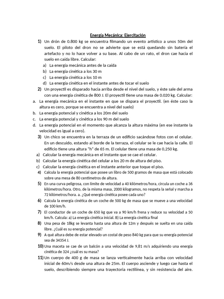 Ejercicios de Energía Mecánica y Cinética | PDF | Proyectiles | Energía ...