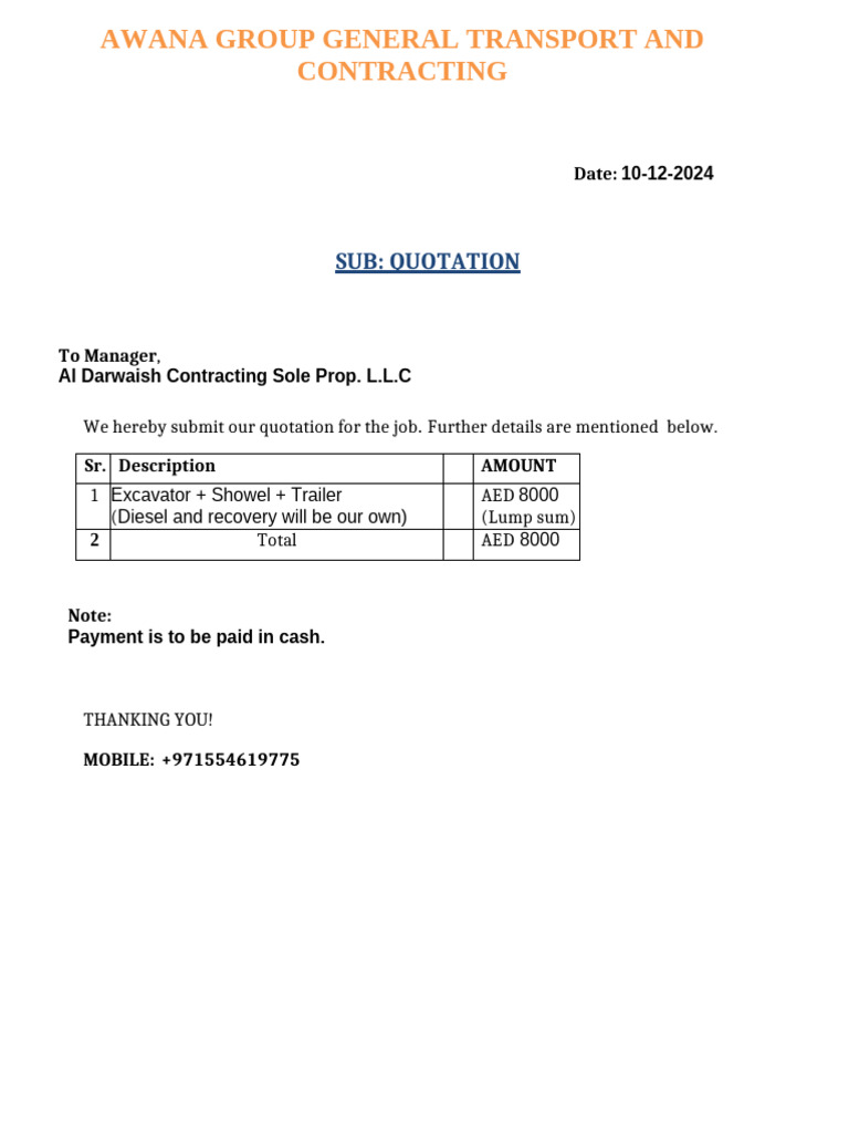 Quotation for Excavator Rental Services | PDF