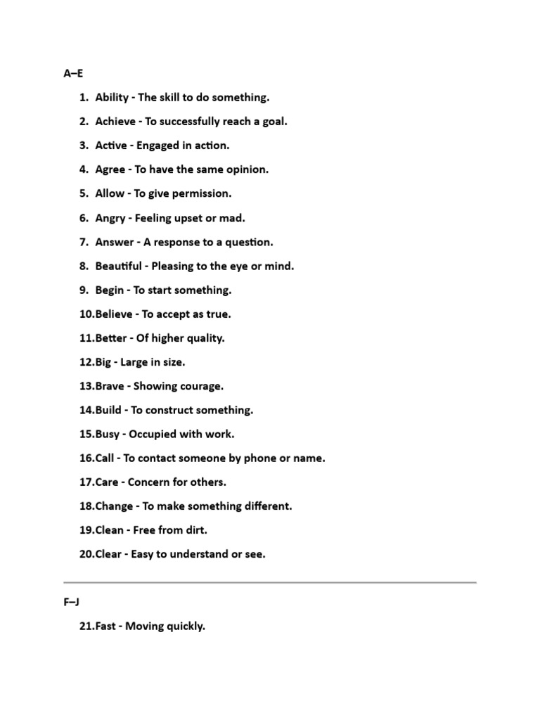 Essential Vocabulary A-Z Definitions | PDF | Mind