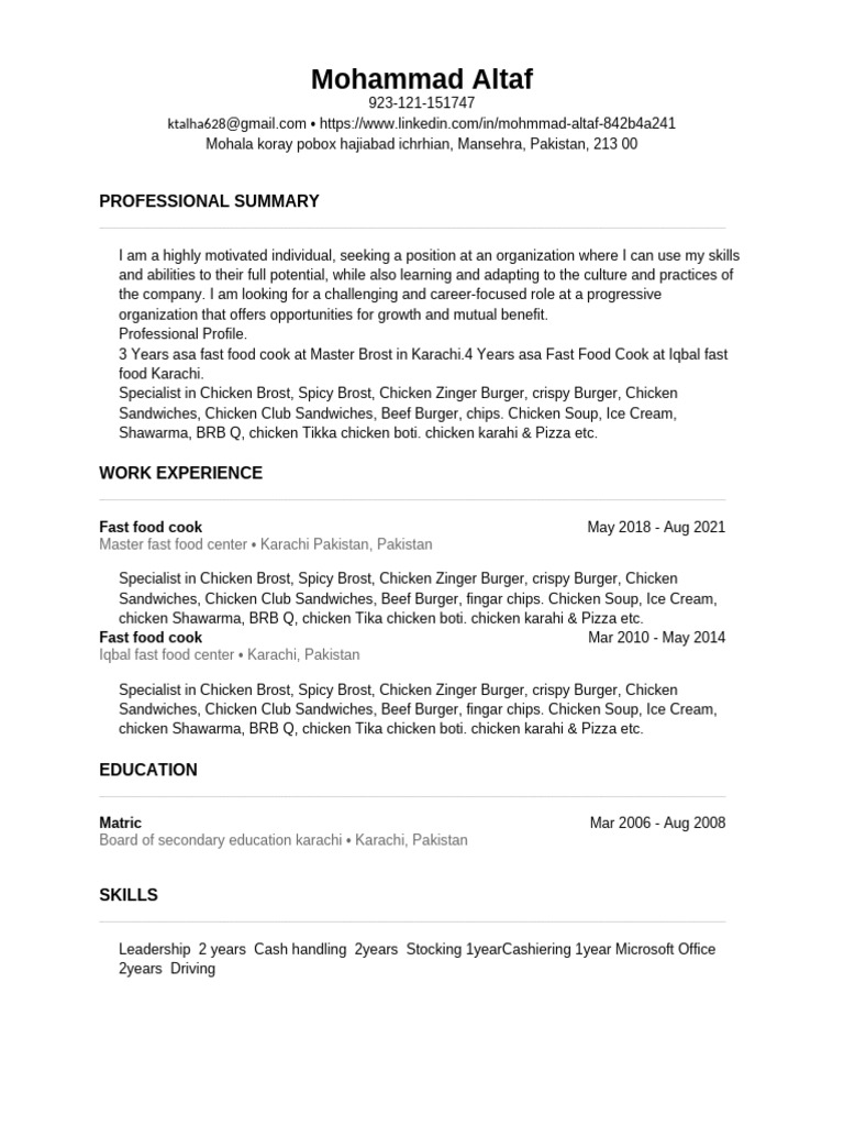 Mohammad Altaf CV Job Bank | PDF | Fast Food | Hamburgers