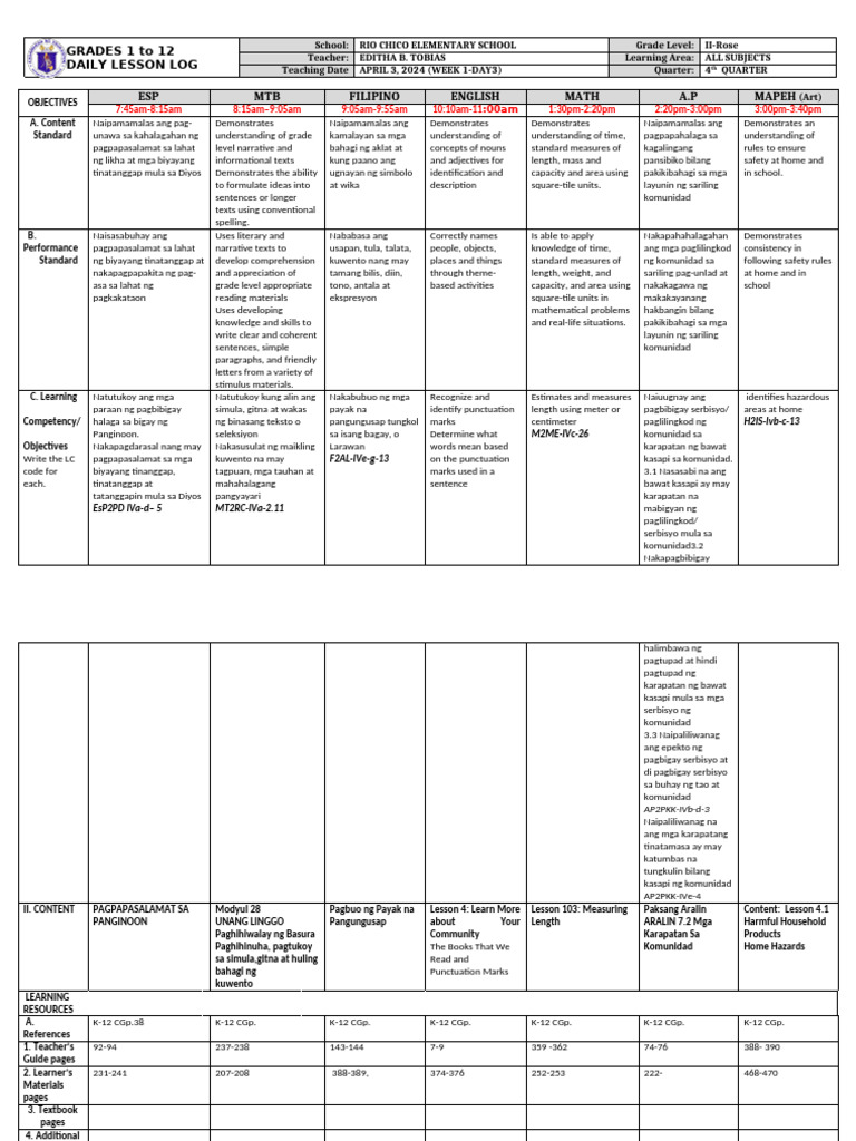 DLL All-Subjects-2 Q4 W1 D3 | PDF