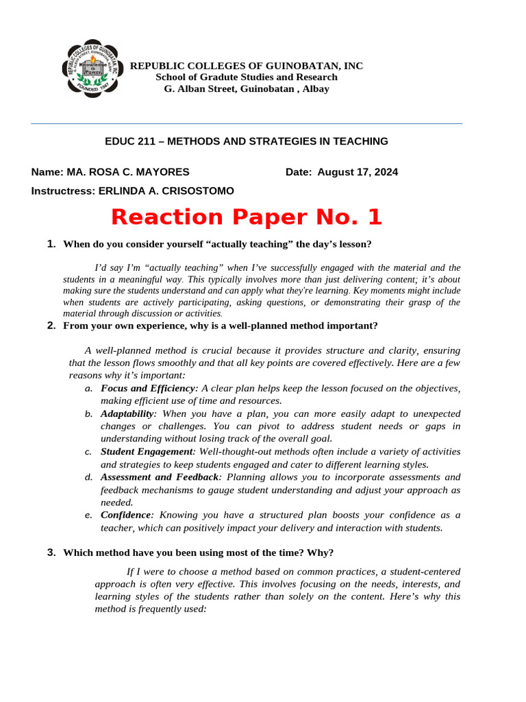 EDUC 211 - Reaction Papers | PDF | Constructivism (Philosophy Of Education) | Learning