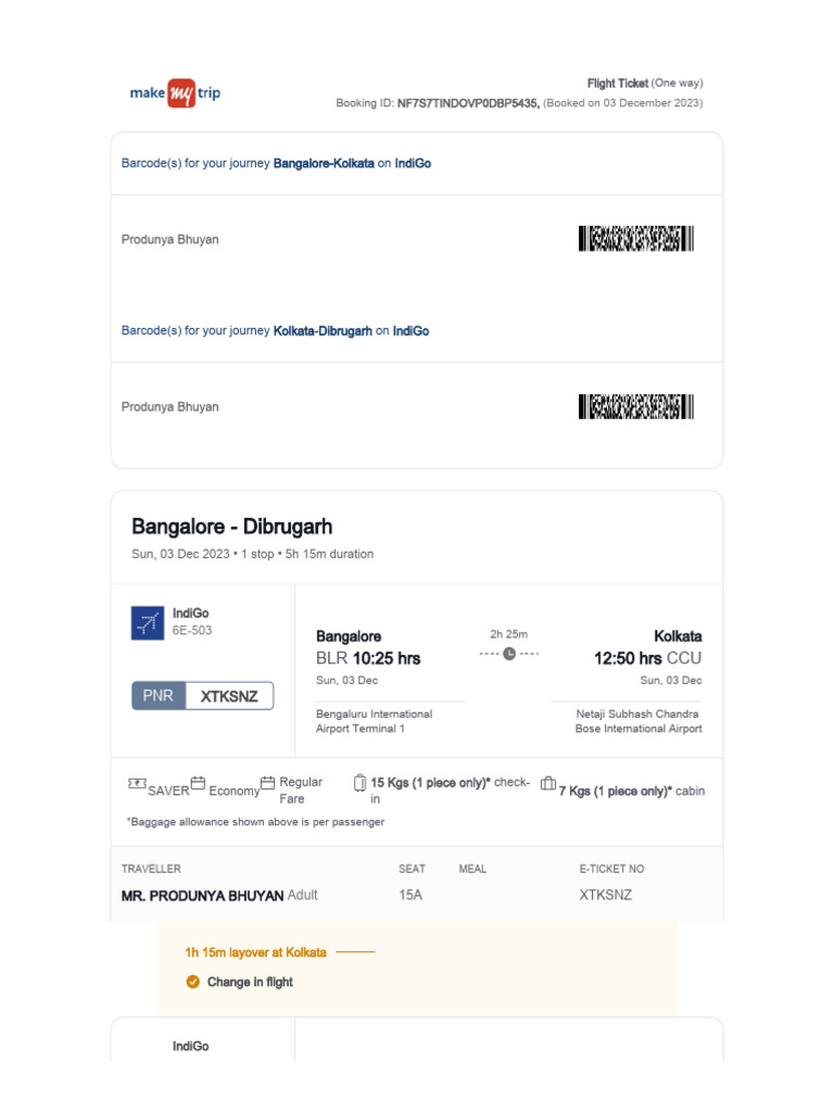 IndiGo Flight Booking Details: BLR to DIB | PDF | Identity Document ...