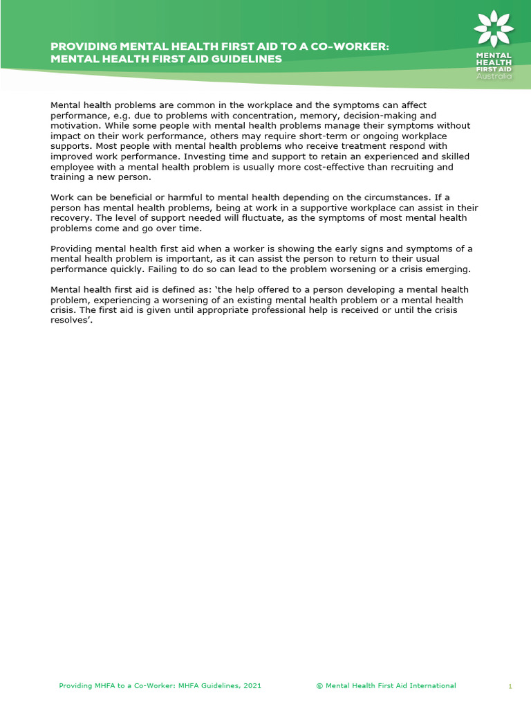 MHFA Providing Mental Health First Aid To A Co-Worker - Mhfa Guidelines ...