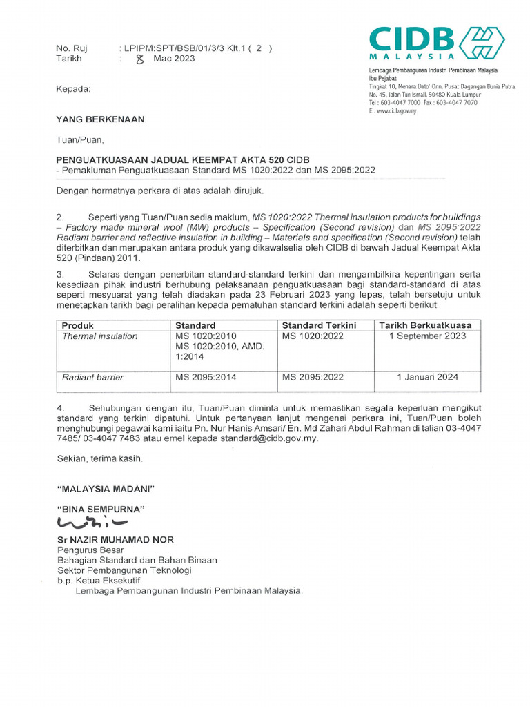 Surat Pemakluman Penguatkuasaan MS1020 MS2095 | PDF