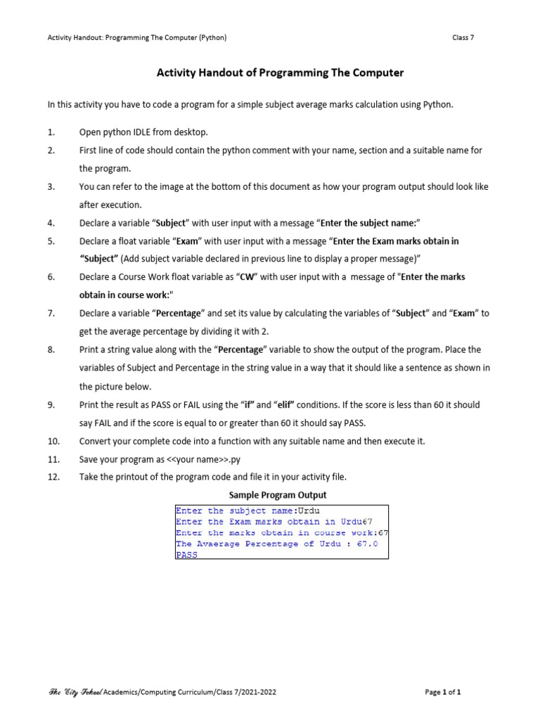 Programming the Computer- Activity Handout | PDF