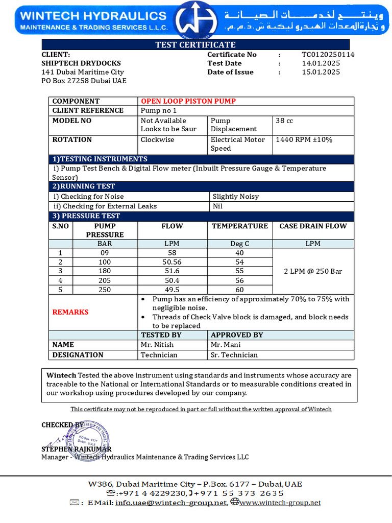Shiptech Drydocks - Test Certificate | PDF