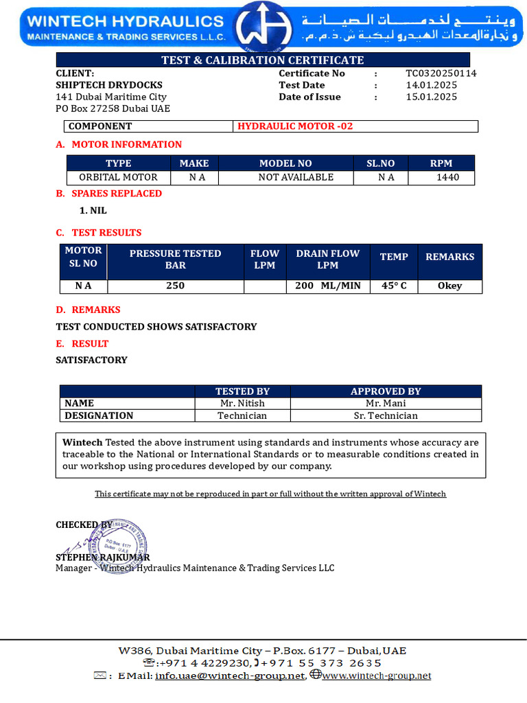 Shiptech Drydocks Test Certificate | PDF