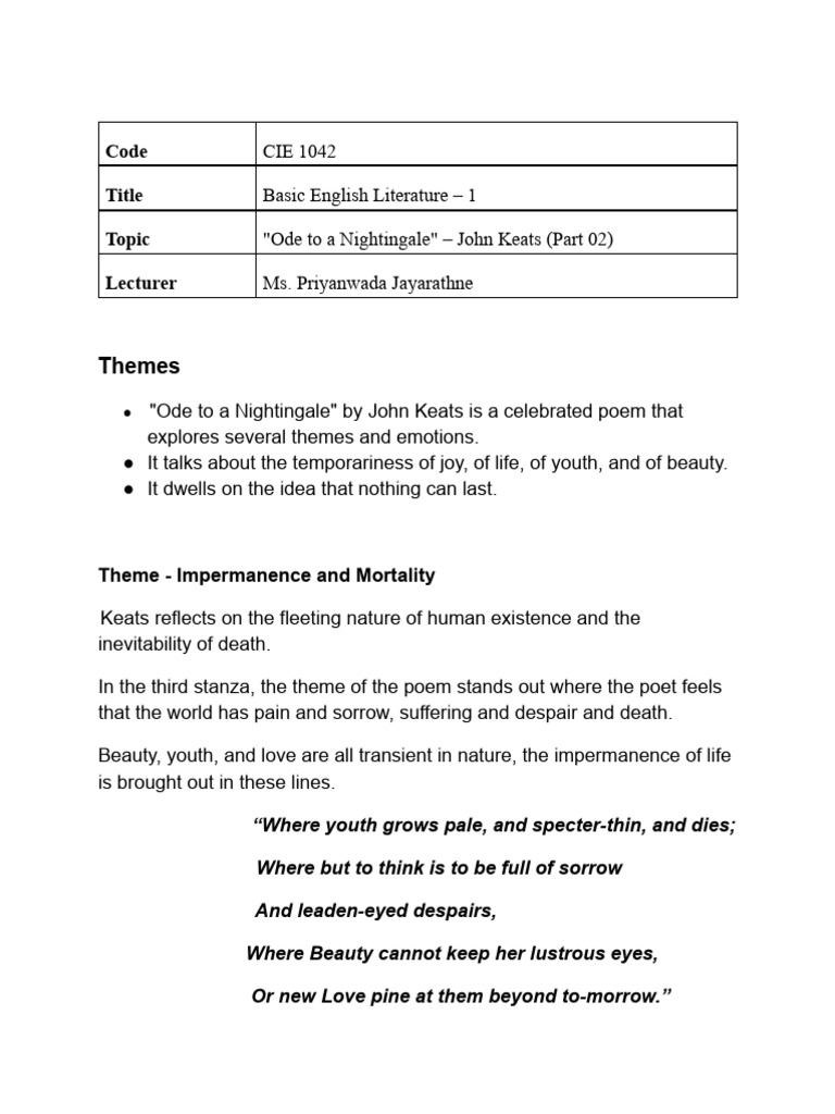 11 - Themes - Ode To A Nightingale | PDF