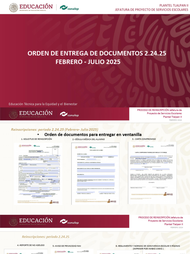 Documentos Reinscripción Tlalpan II 2024 | PDF