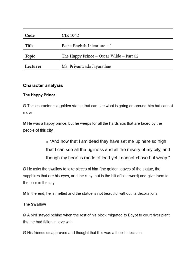 Character Analysis of The Happy Prince | PDF | The Happy Prince And ...