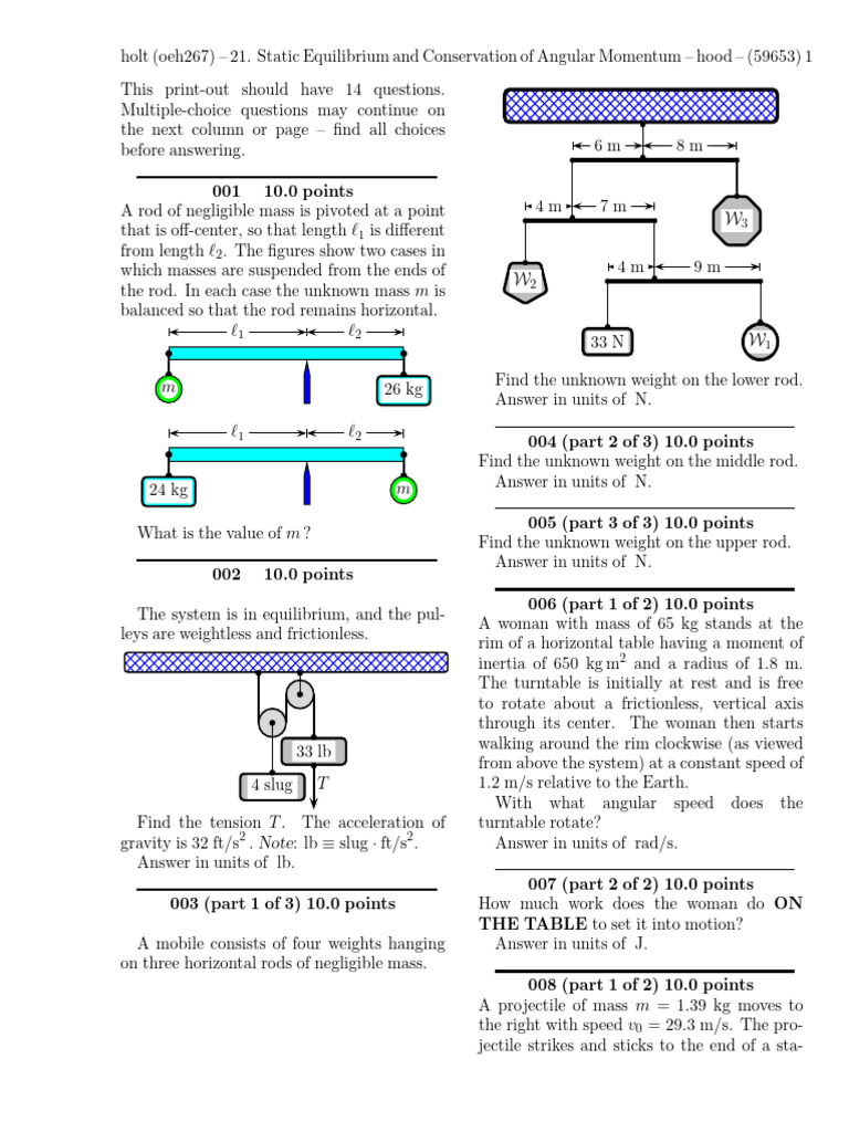 Static Equilibrium and Conservation of Angular Momentum-Problems | PDF ...
