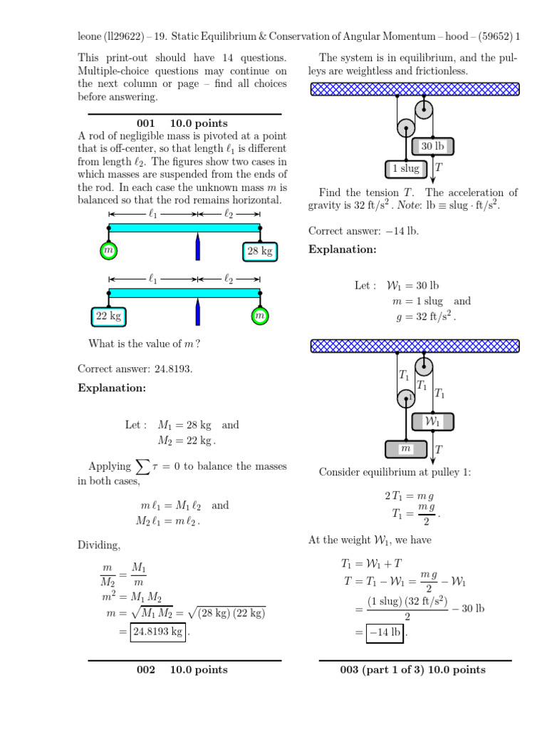 19. Static Equilibrium & Conservation of Angular Momentum-solutions | PDF | Physics | Mechanics