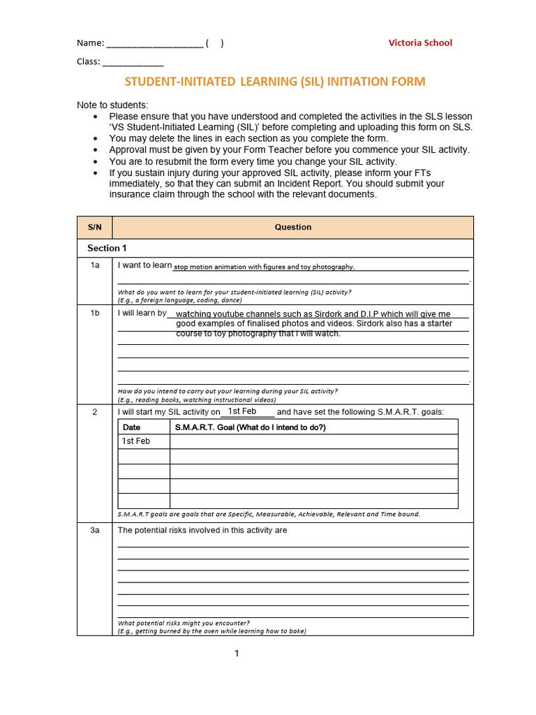VS SIL Initiation Form - 2024 Sem1 SIL | PDF