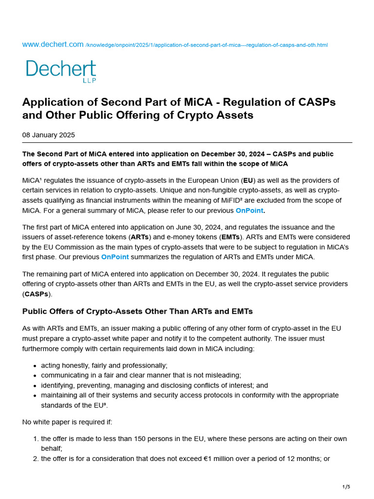 Application of Second Part of MiCA - Regulation of CASPs and Other Public Offering of Crypto ...