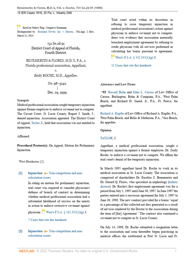 Florida Non-Compete Injunction Denied | PDF | Injunction | Breach Of ...