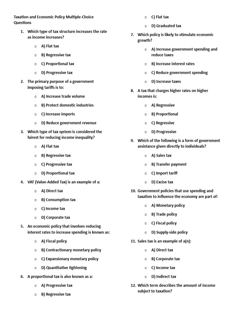 Taxation and Economic Policy Quiz | PDF | Taxes | Government Budget Balance