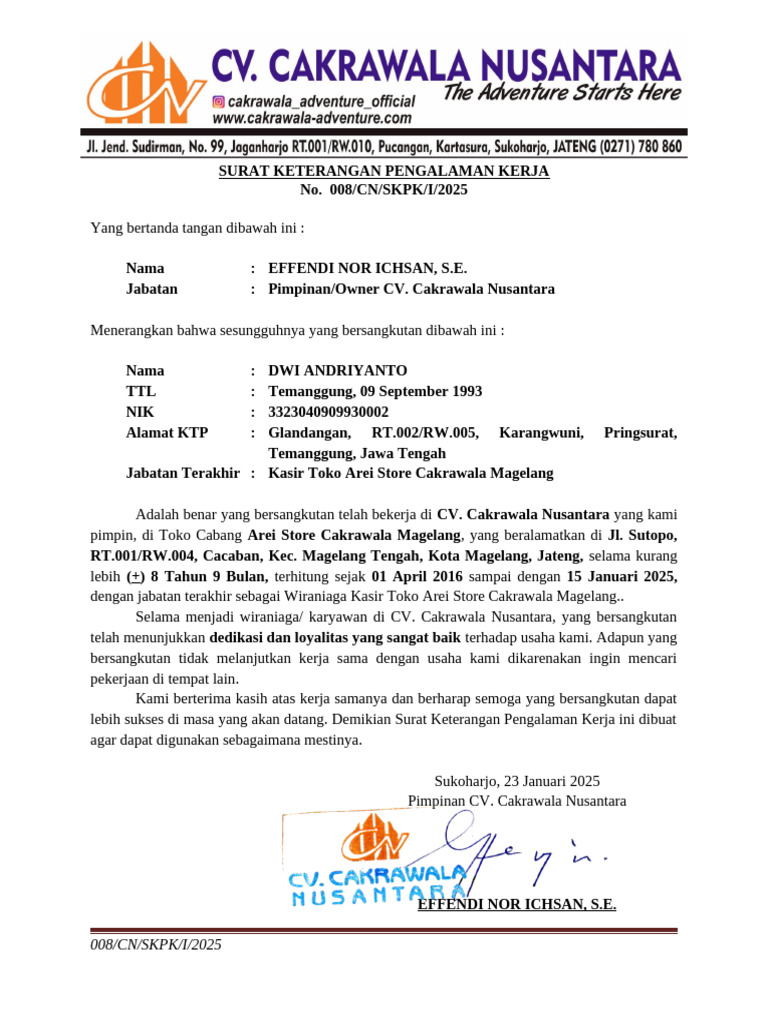 008 SURAT KETERANGAN PENGALAMAN KERJA (Dwi Andriyanto - ASM) | PDF