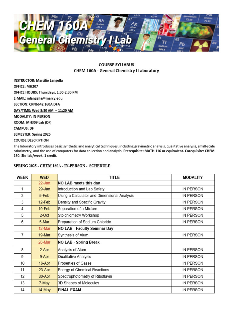 Syllabus 6642 Langella - SP2025 - CHEM 160A - Gen Chem I Lab | PDF | Laboratories | Personal ...
