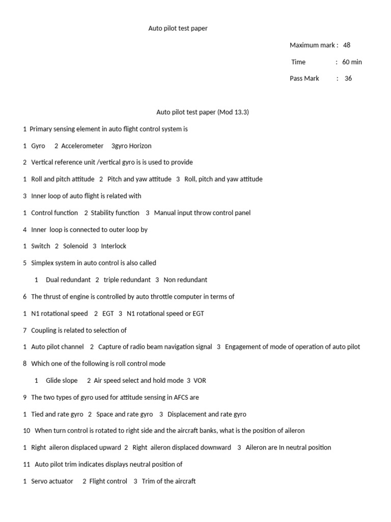 Auto Pilot Test Paper Questions | PDF | Servomechanism | Gyroscope