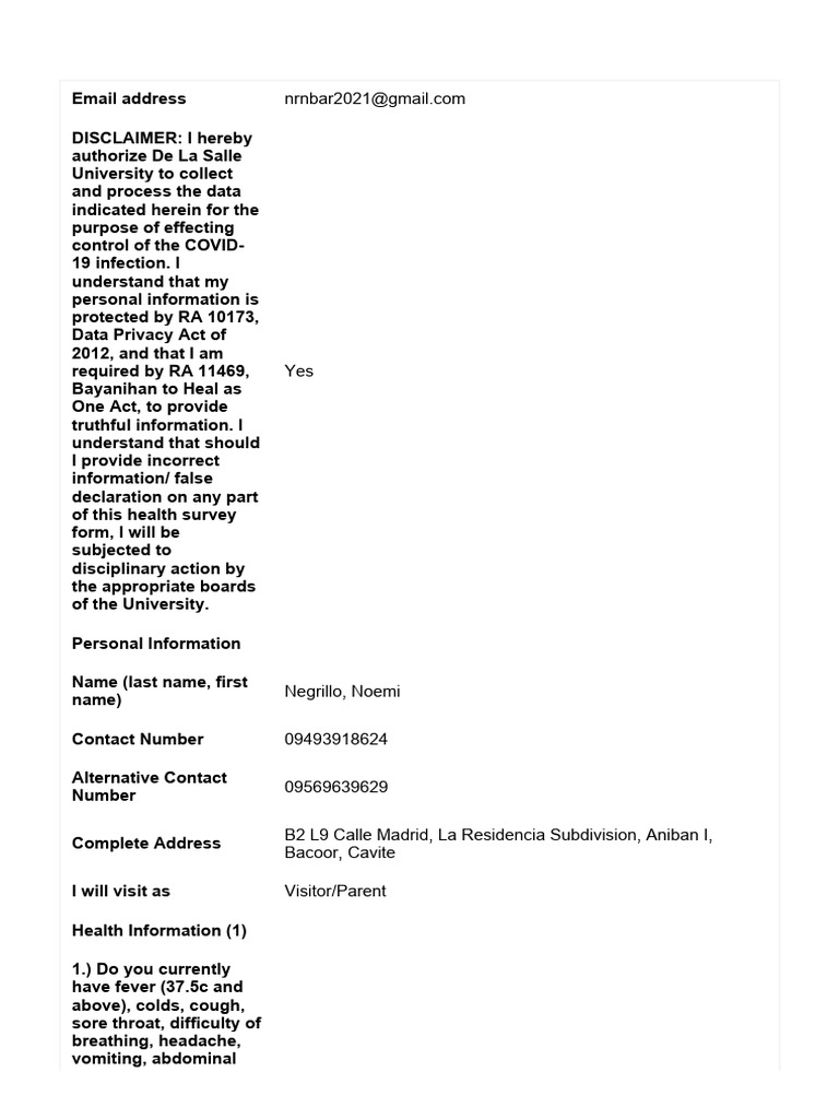 DLSU Health Screening Form | PDF | Symptoms And Signs | Clinical Medicine