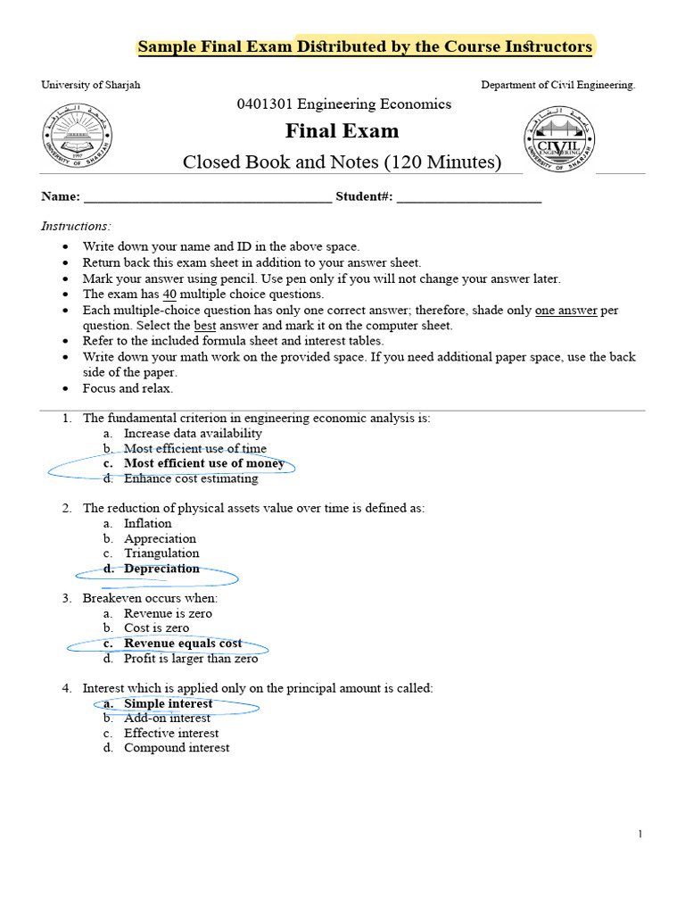 Engineering Economics Final Exam | PDF | Depreciation | Interest