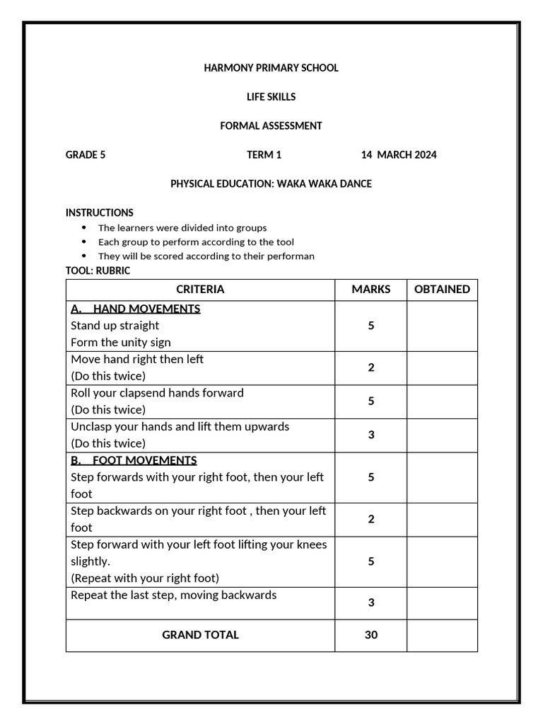 Grade 5 PE Waka Waka Dance Rubric | PDF