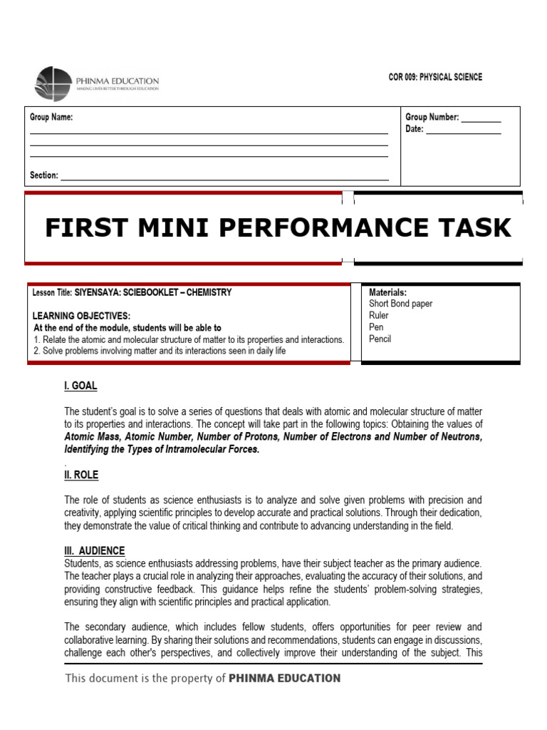Cor 009 First Mini Performance Task 2 | PDF | Chemical Bond | Matter