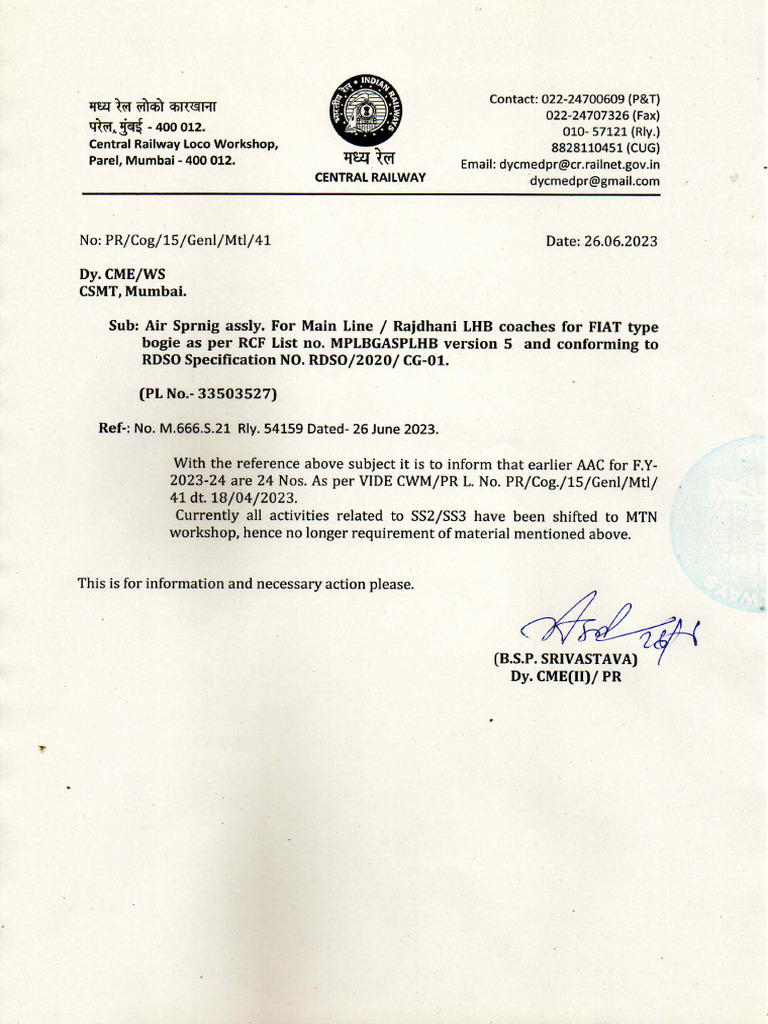 Air Spring Assly. For Main Line Rajdhani LHB Coaches (Not Required) | PDF