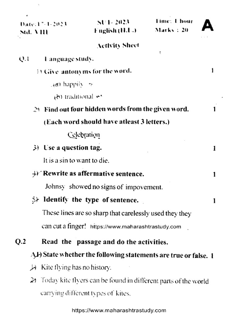 MH Board Class 8 Ut2 English Set A 181123 Jan 2023 | PDF