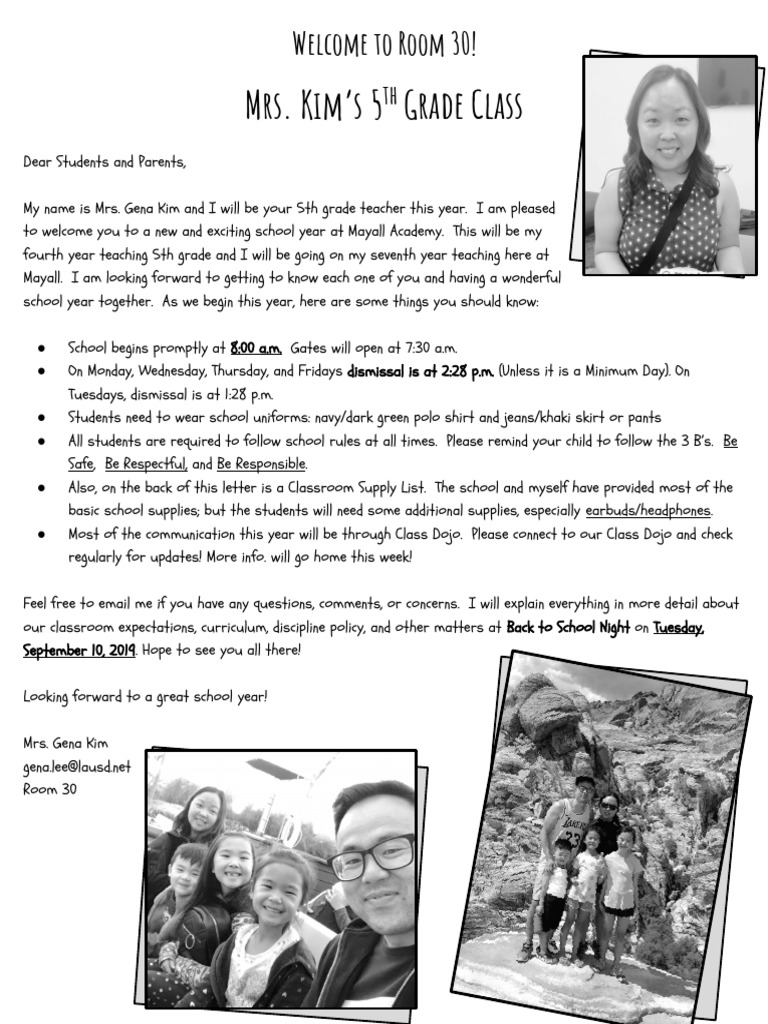 Mrs. Kim's 5th Grade Class Welcome Guide | PDF