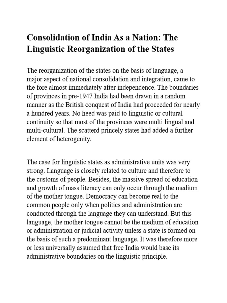 Linguistic Reorganisation of States | PDF | Politics Of India