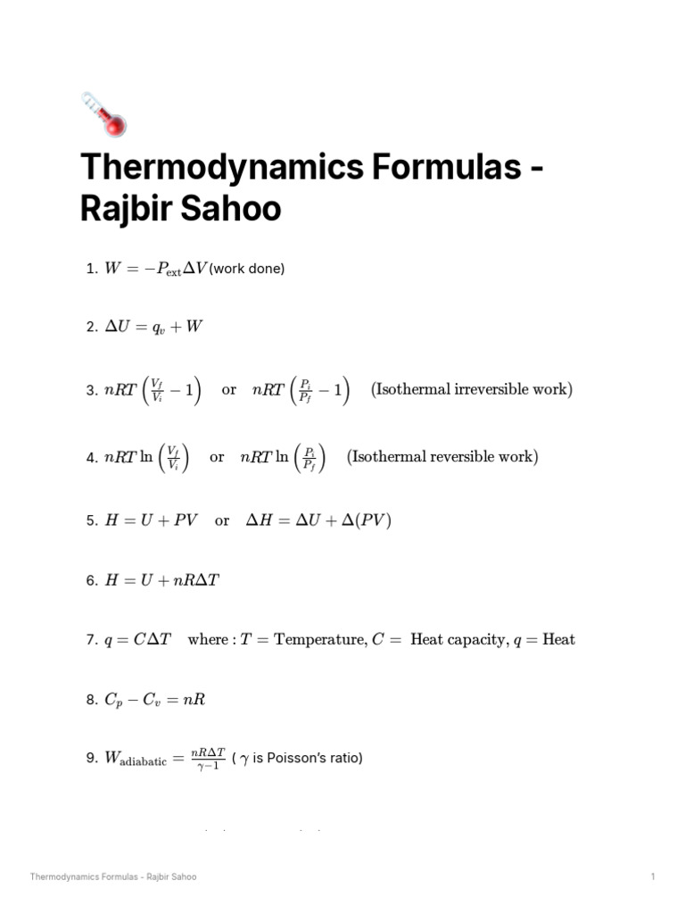 Thermodynamics Formulas Guide | PDF | Mechanics | Nature