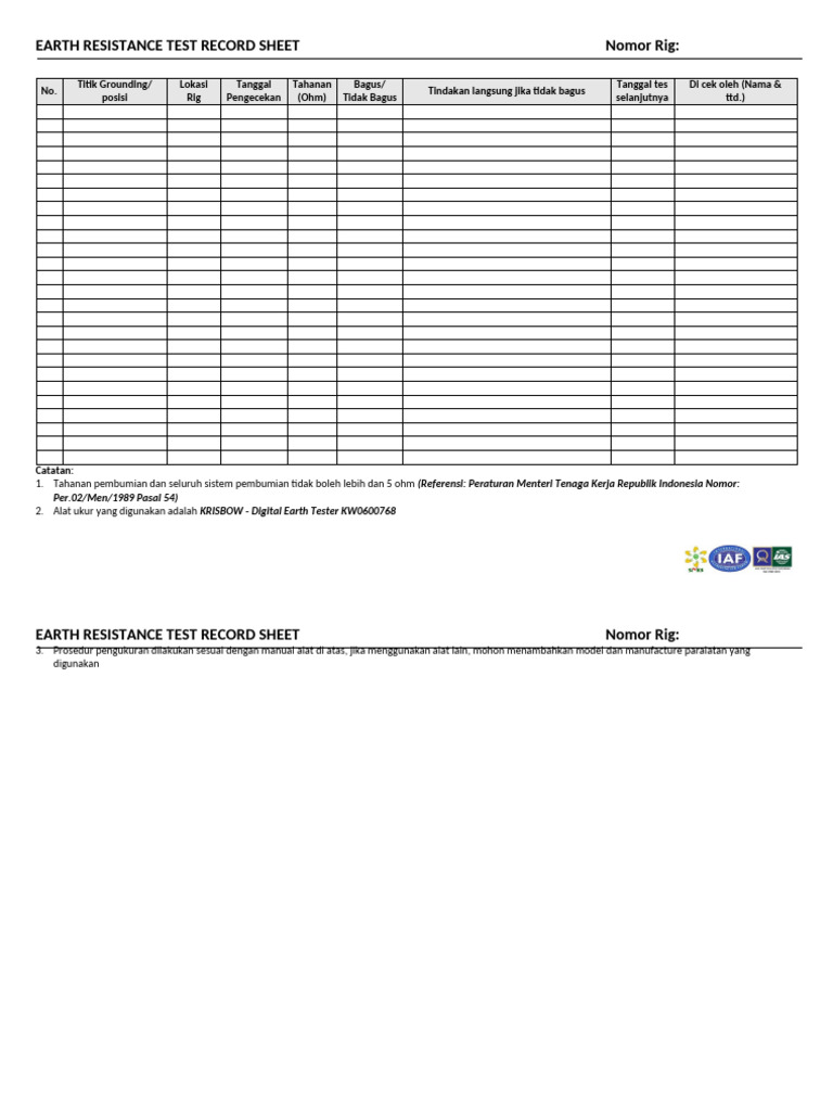 Earth Resistance Test Record Sheet - Rev02 | PDF