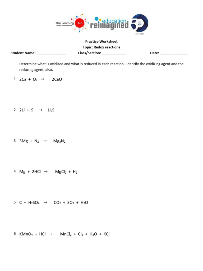 Oxidation-Reduction Reaction Worksheet | PDF