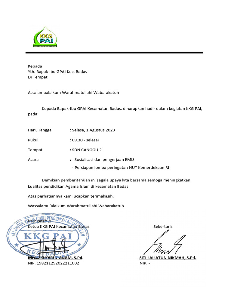 Undangan KKG PAI Kec. Badas 2023 | PDF