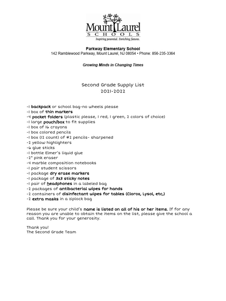 2nd Grade Supply List 2021 22 | PDF