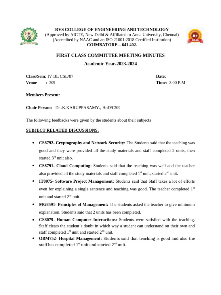 CSE IV BE Meeting Minutes 2023-24 | PDF