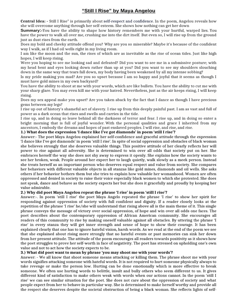 Still I Rise by Maya Angelou | PDF | Poetry