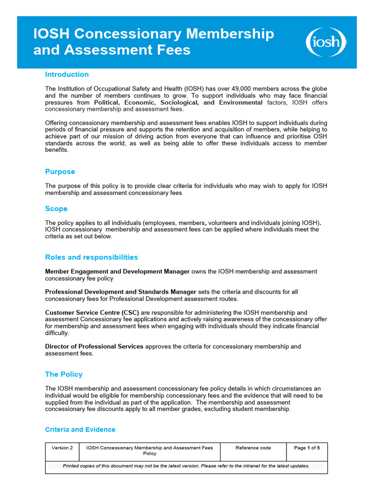 IOSH Concessionary Membership Policy | PDF | Policy | Employment