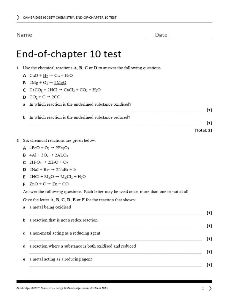 IGCSE Chemistry Chapter 10 Test | PDF | Redox | Atoms