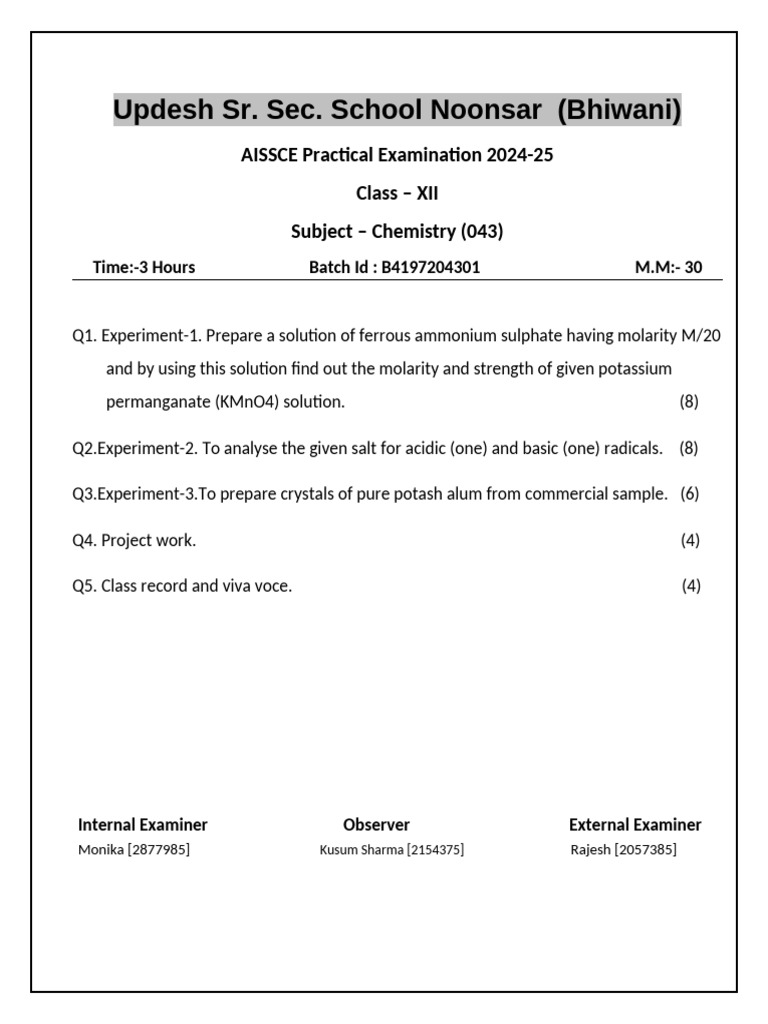AISSCE Class XII Chemistry Practical 2024 | PDF